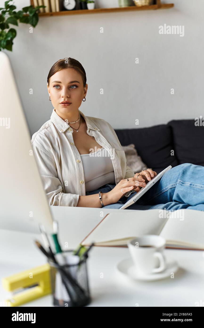 A young woman casually types on her keyboard, comfortably lounging at ...