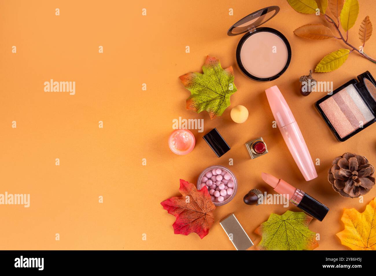 Autumn makeup cosmetics set with cozy beige background with autumn ...