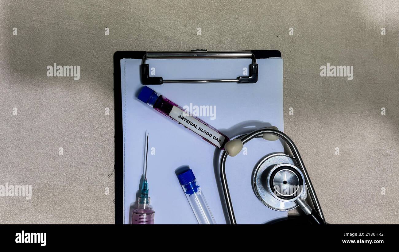 Arterial Blood Gas Test with blood sample. Top view isolated on office ...