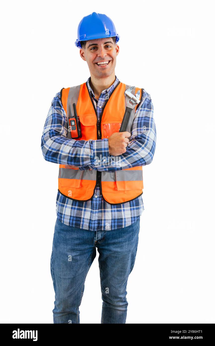 vertical cheerful construction worker dressed in an orange safety vest ...