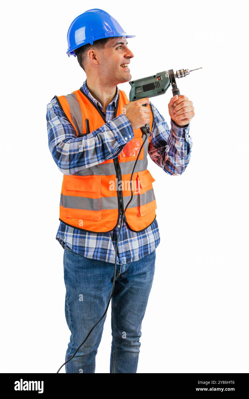 vertical construction worker dressed in an orange safety vest and hard ...
