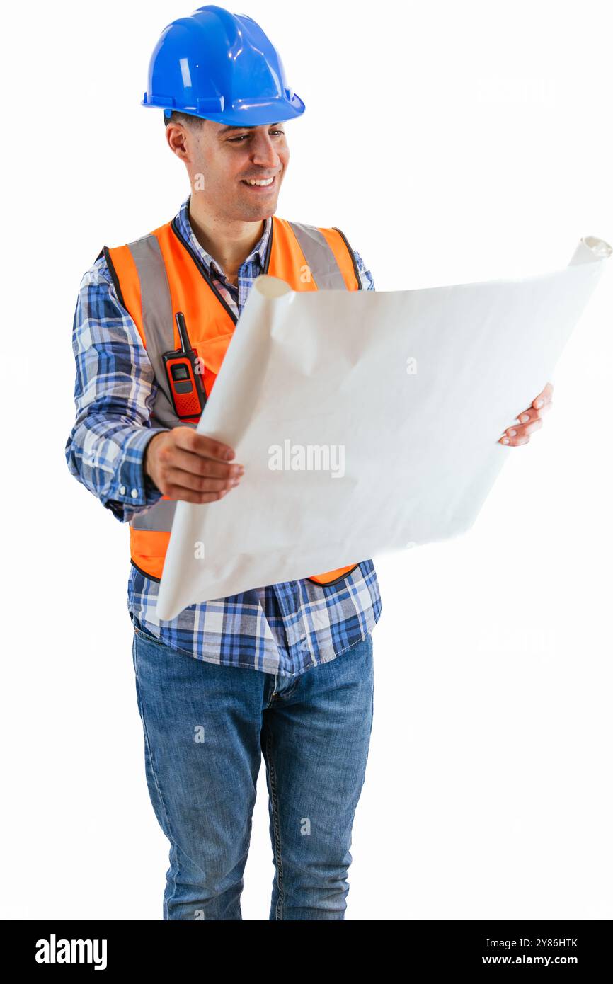 vertical construction worker dressed in an orange safety vest and hard ...