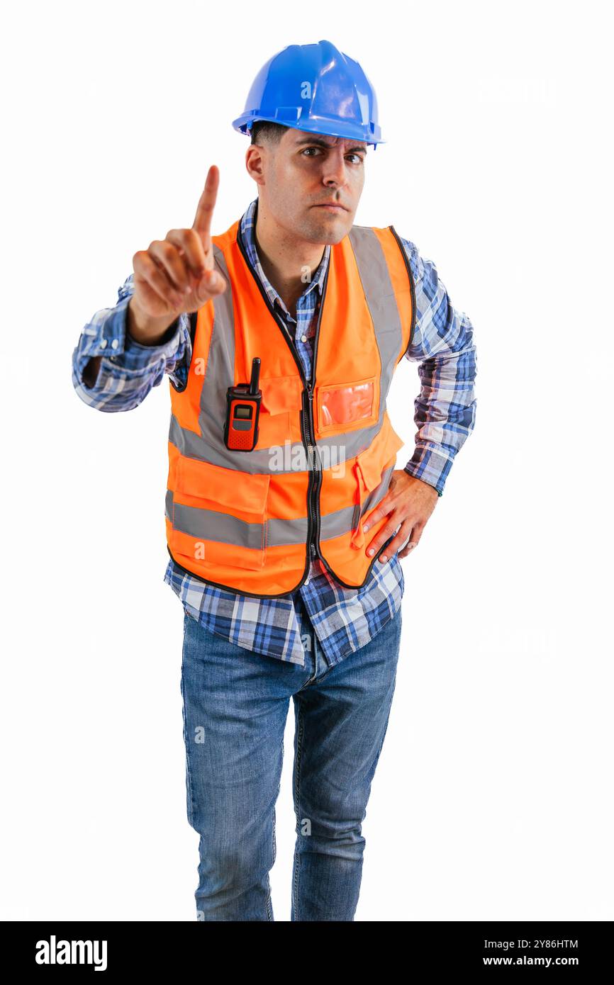 vertical angry construction worker dressed in an orange safety vest and ...