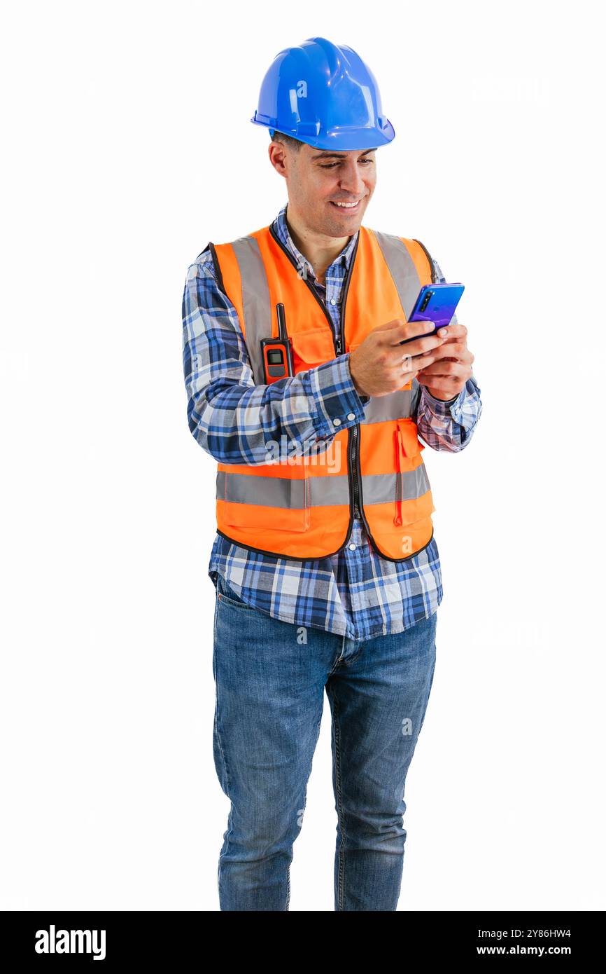 vertical smiling construction worker dressed in an orange safety vest ...