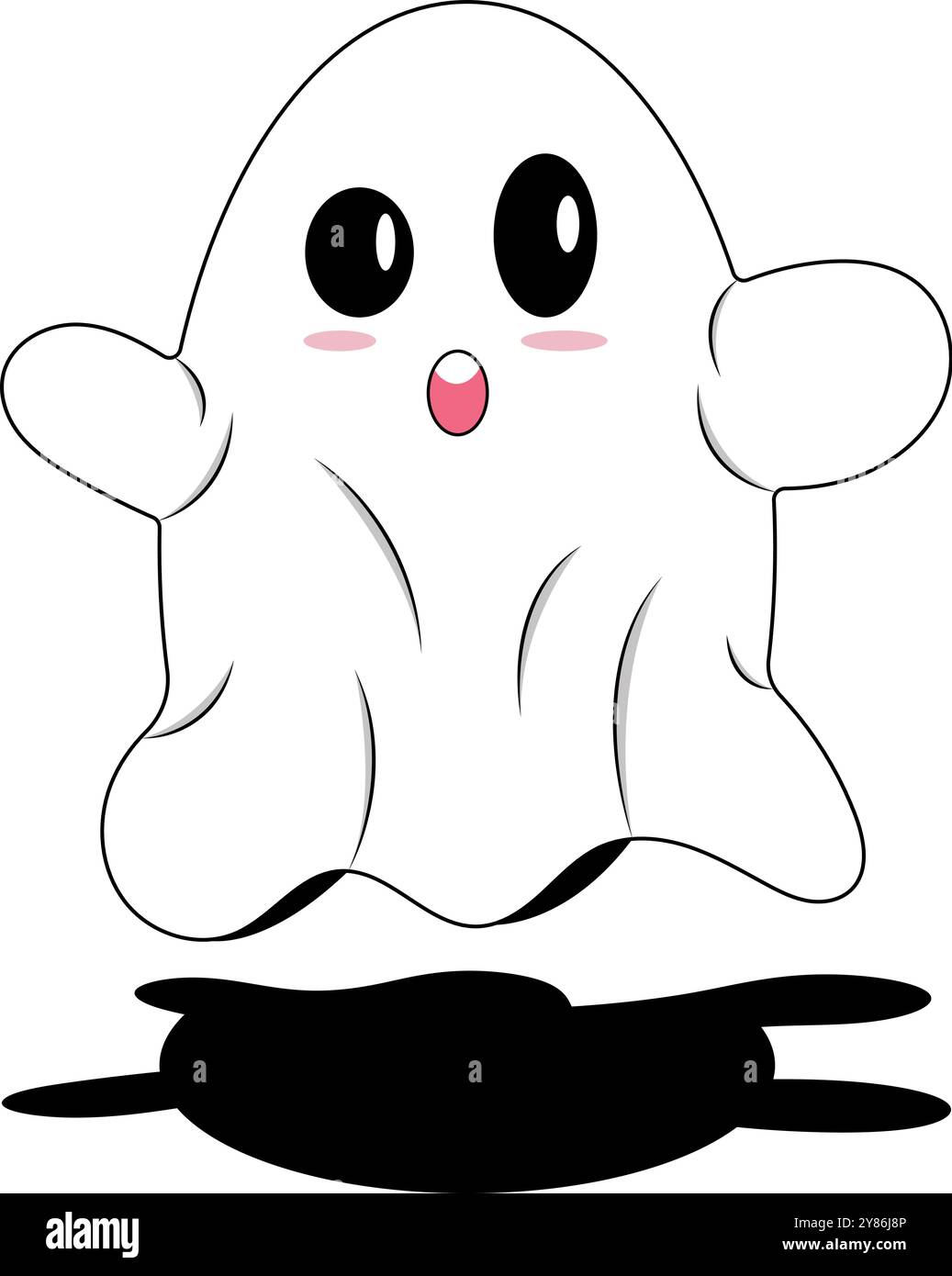 White ghost with big eyes, open mouth, pink cheeks and black shadow ...