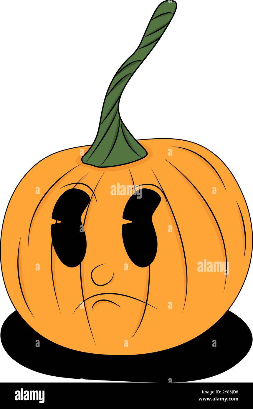 Pumpkin with a green stem, depicting a sad face with black eyes ...