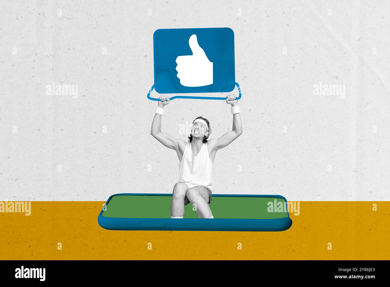 Collage artwork image of strong man lifting heavy hard barbell sign ...