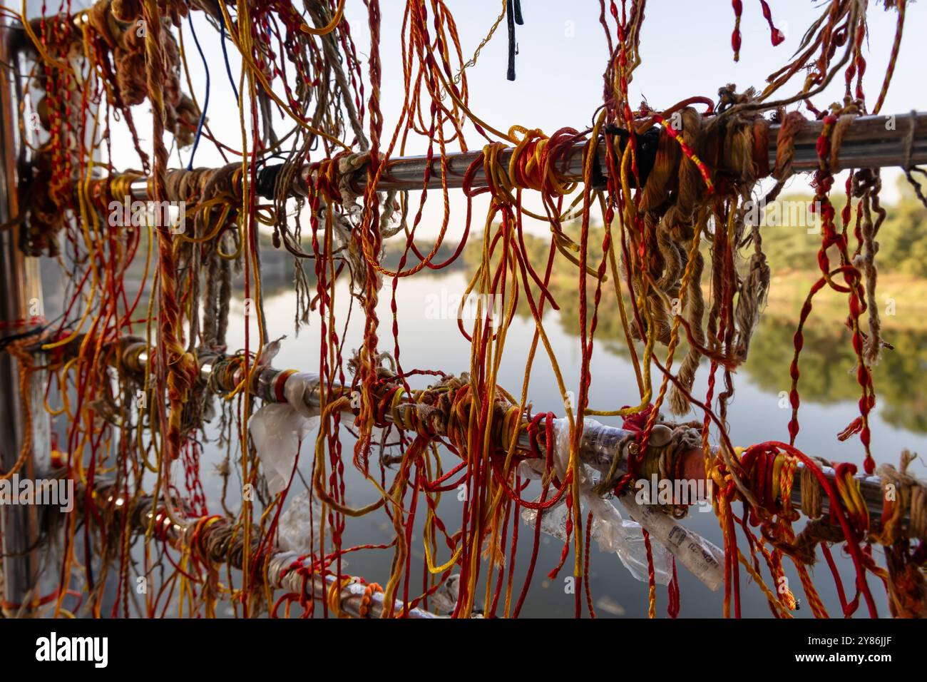 bunch of holy hindu thread offerings at religious temple Stock Photo ...