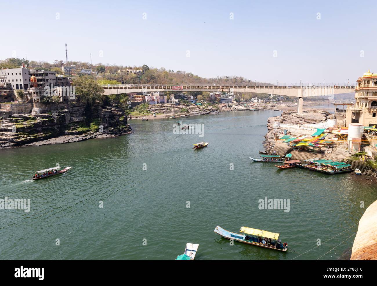 holy river view with ferry boats and crossing bridge at morning image ...