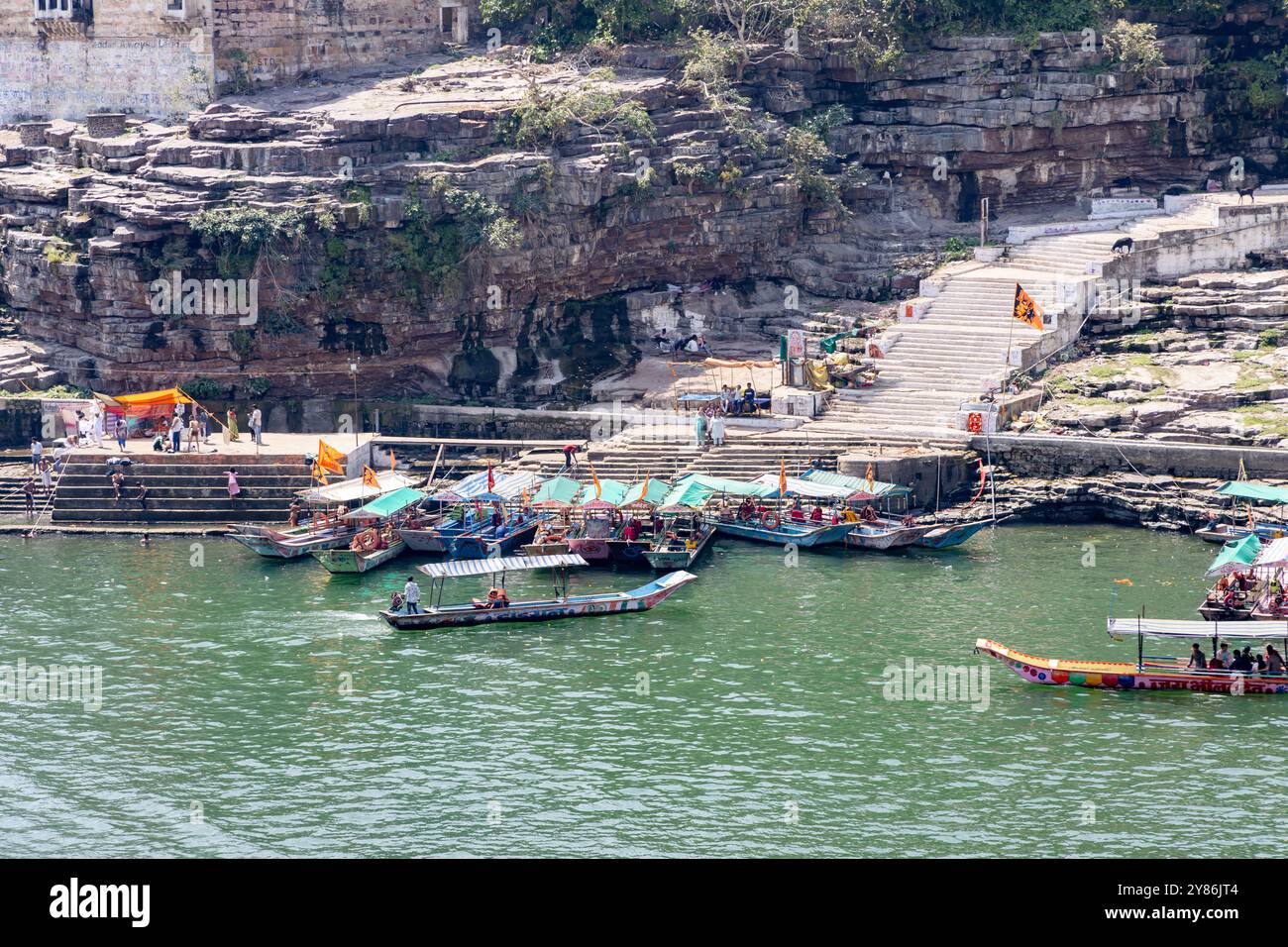 tourist ferry traditional wood boats at river shore aerial view at ...