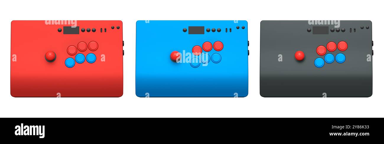 A set of three colorful arcade joysticks, catering to retro gaming ...