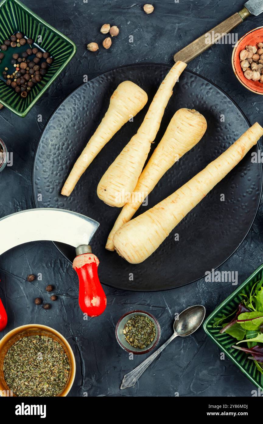 Uncooked useful whole parsnips roots on the kitchen table. Top view ...