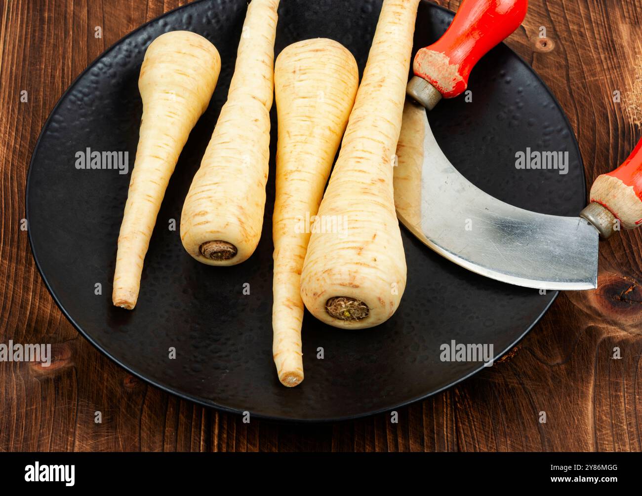 Raw parsnip roots on the kitchen table. Root vegetables. Homeopathic ...