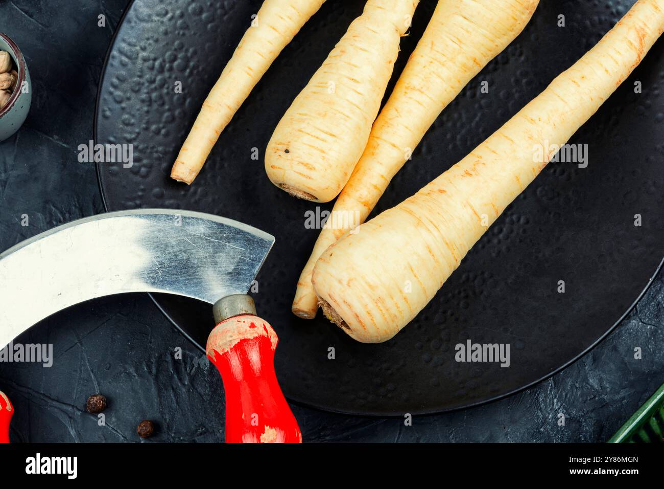 Uncooked useful whole parsnips roots on the kitchen table. Top view ...