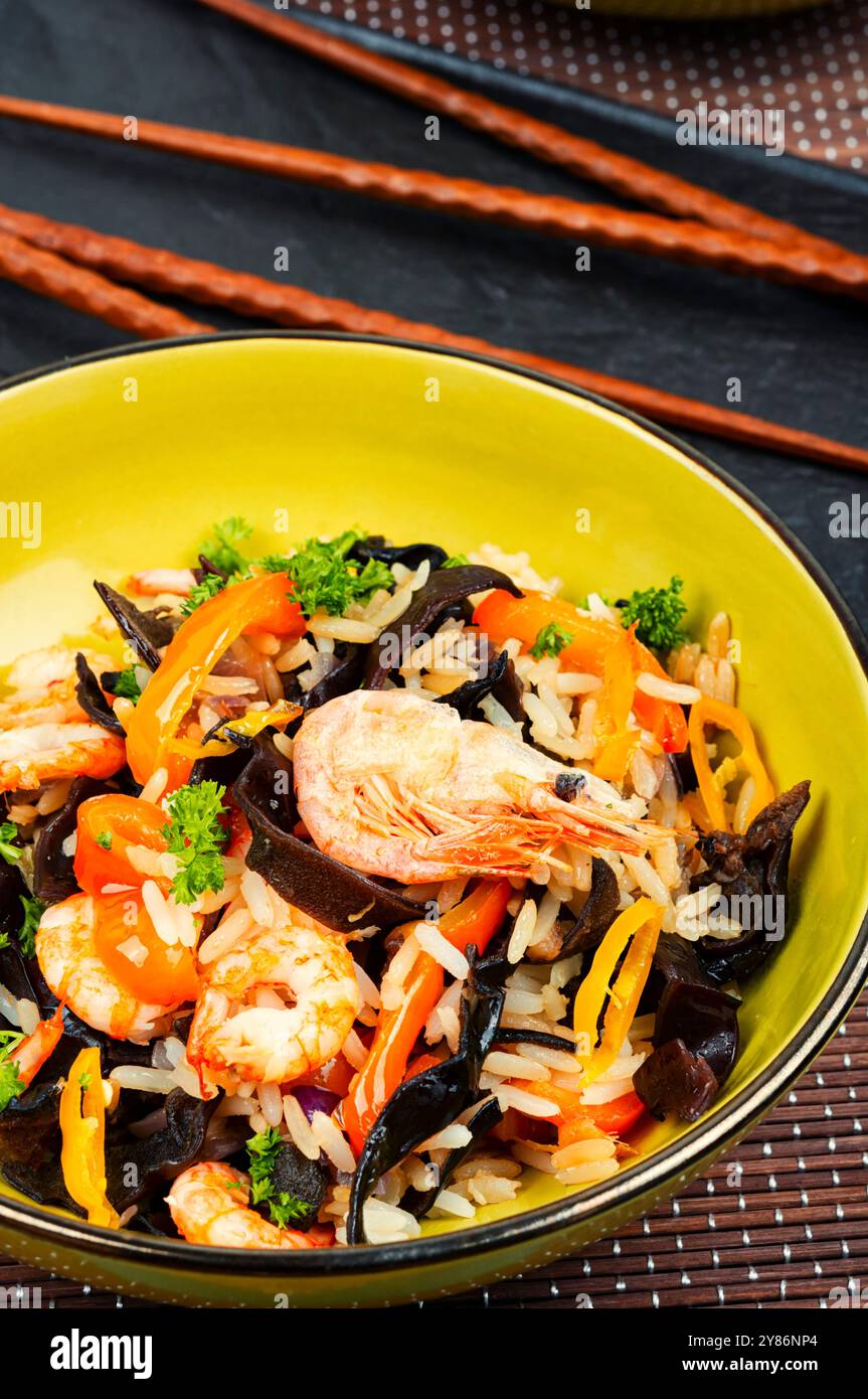 Traditional Chinese food, fried rice with shrimp and mushrooms Stock ...