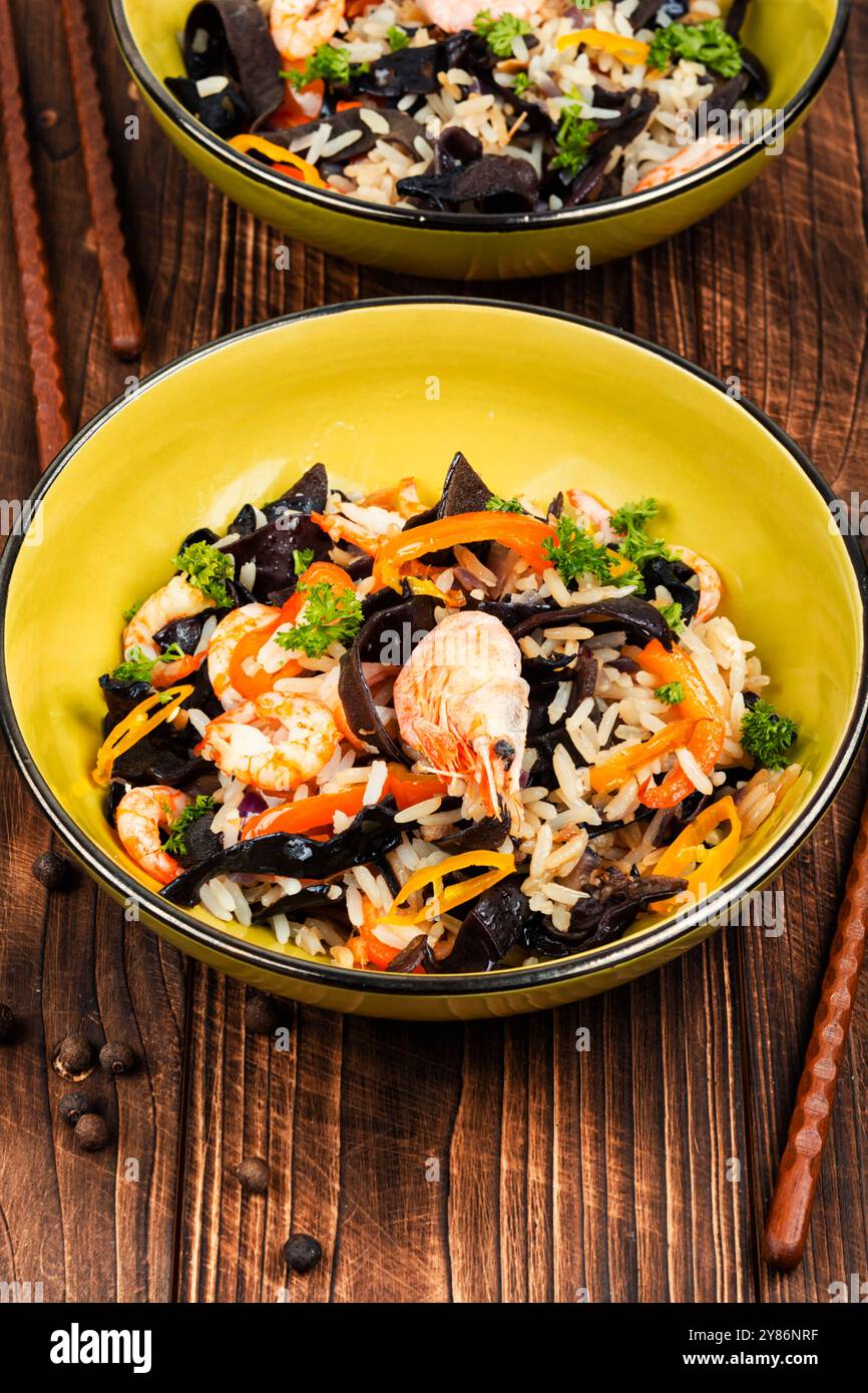 Traditional Chinese food, fried rice with shrimp and mushrooms Stock ...