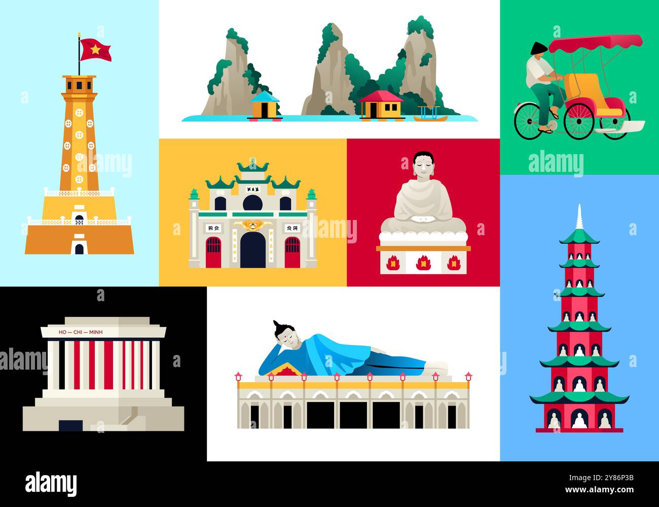 Antiquities and monuments of Vietnam - set of flat design style ...