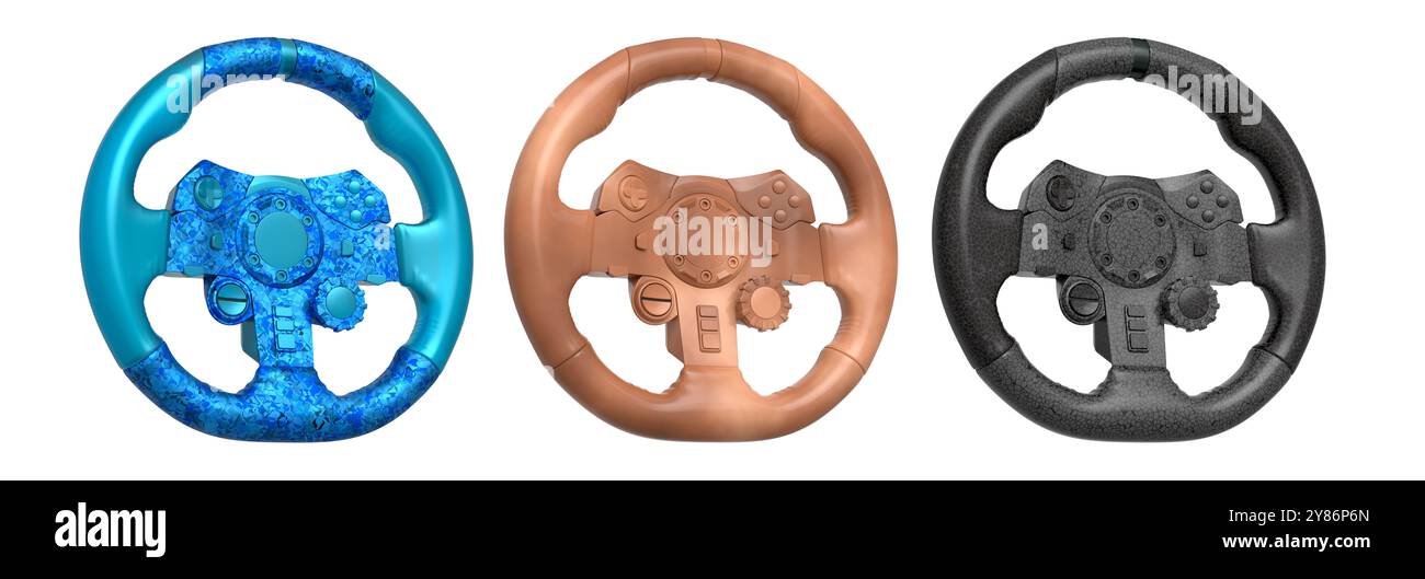 Set of racing game steering wheels isolated on white background with ...