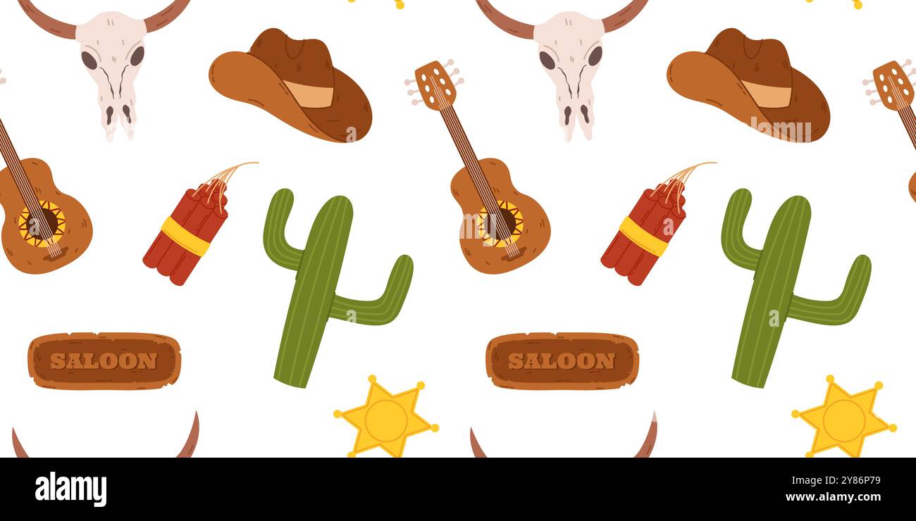 Seamless pattern western elements cowboy hats, cacti, guitars, bull ...