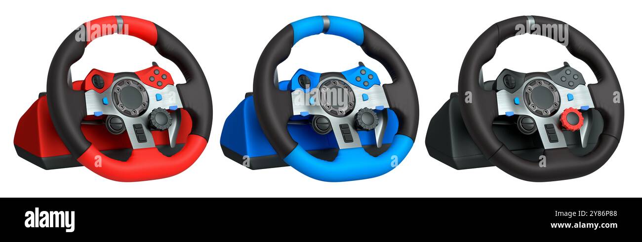 Set of racing game steering wheels isolated on white background with ...