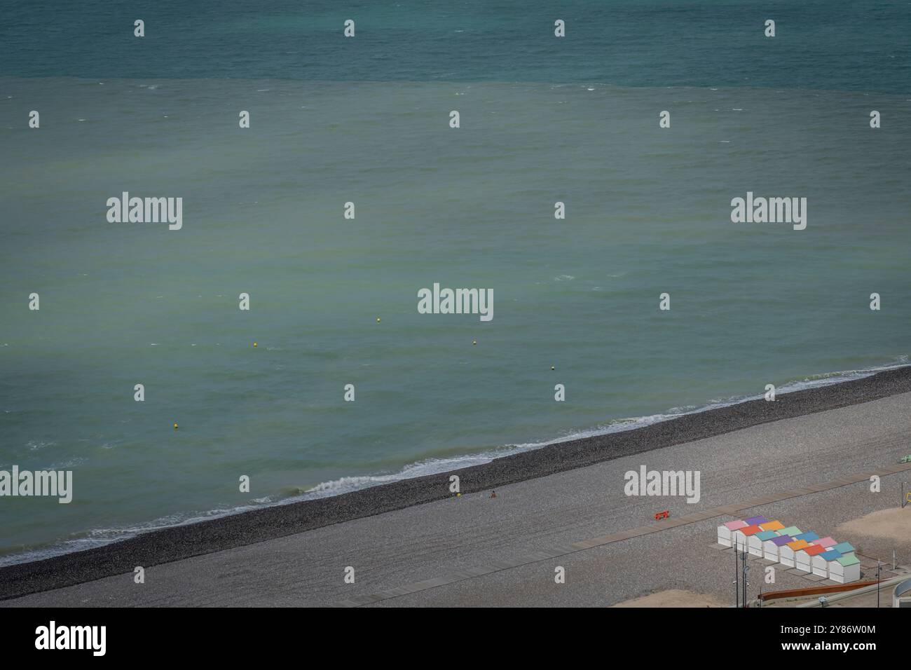 Le Treport, France - 09 16 2024: View of white beach cabins with ...