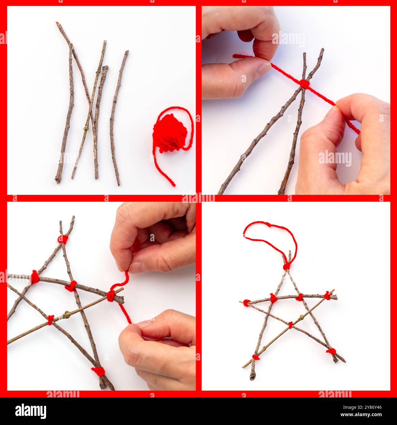 Step-by-step tutorial on making a star-shaped ornament from sticks and ...