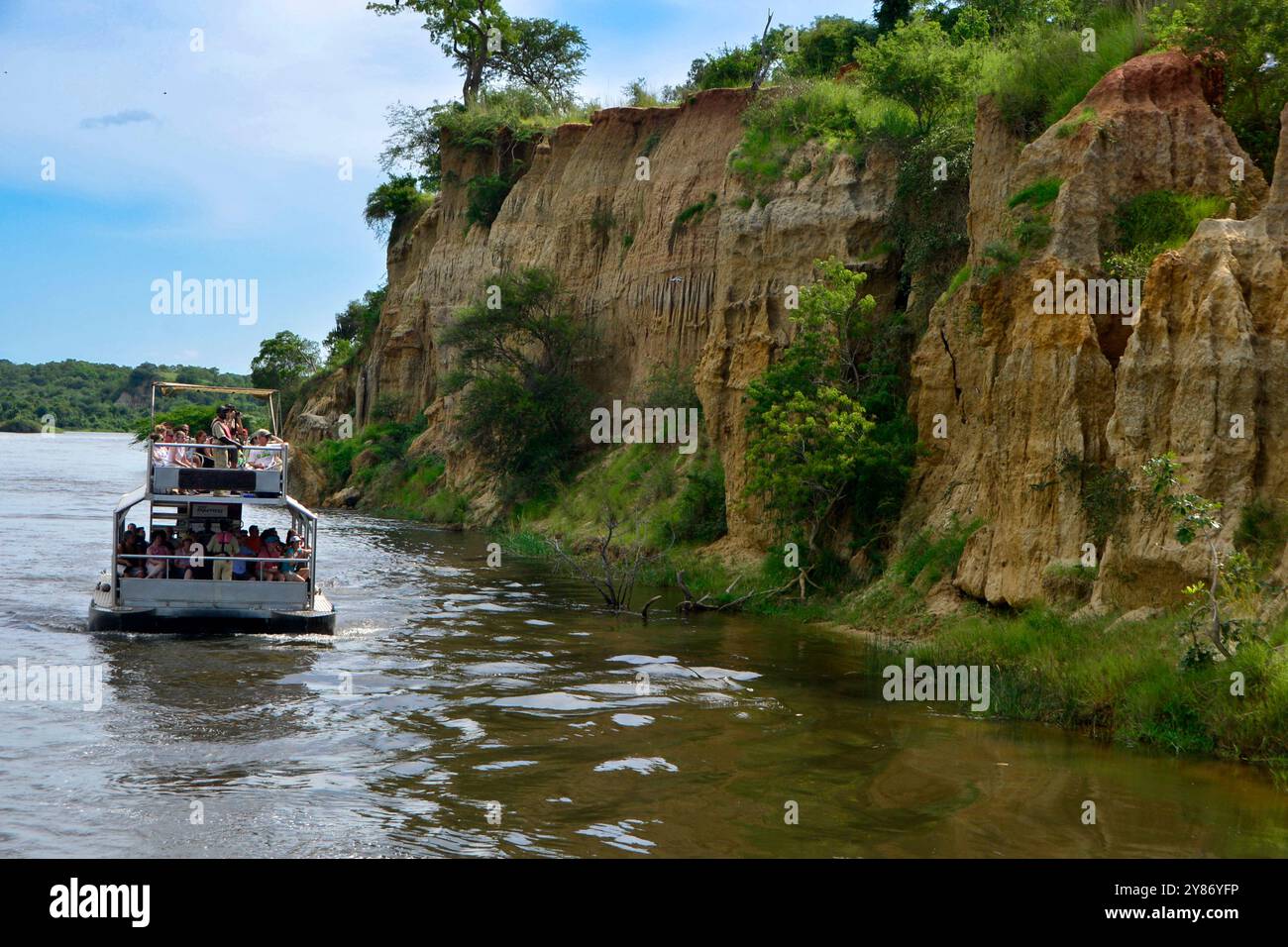 Tourists on a boat cruise on River Nile in Murchison Falls National ...