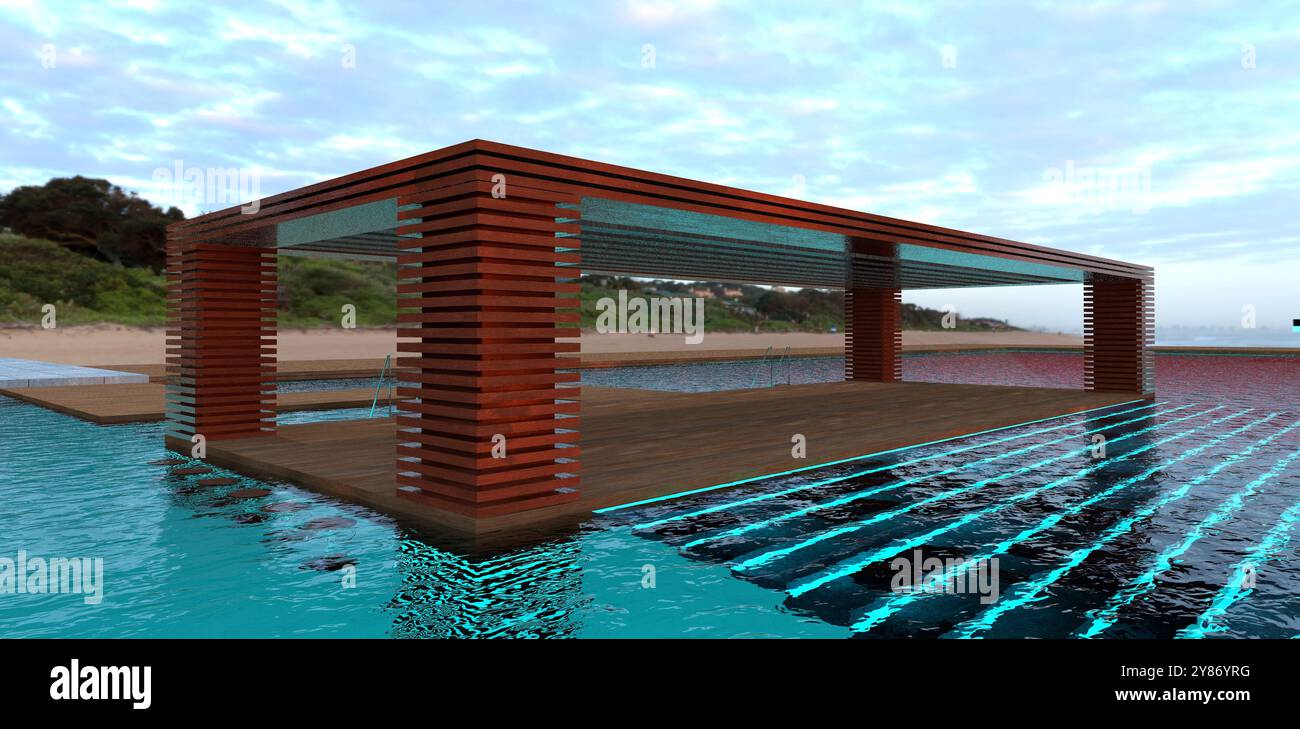 Empty patio in transparent water. Illuminated staircase steps. Bar ...