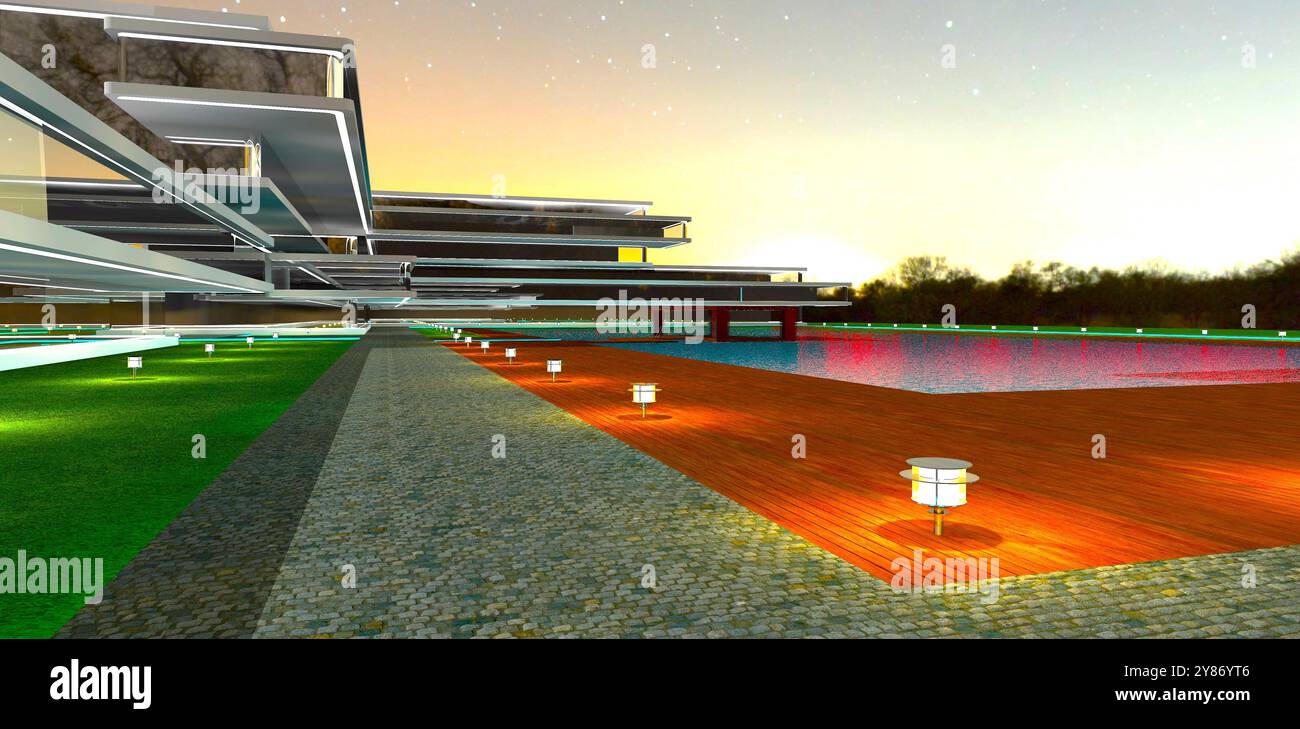 Granite-paved pedestrian walkway along the glass facade of a modern ...