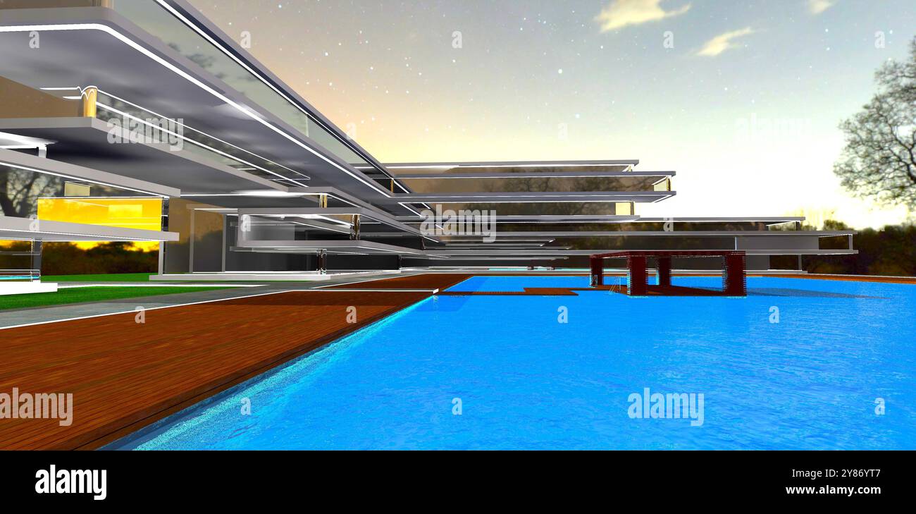 Inner courtyard of a luxury residential complex featuring a blue pool ...