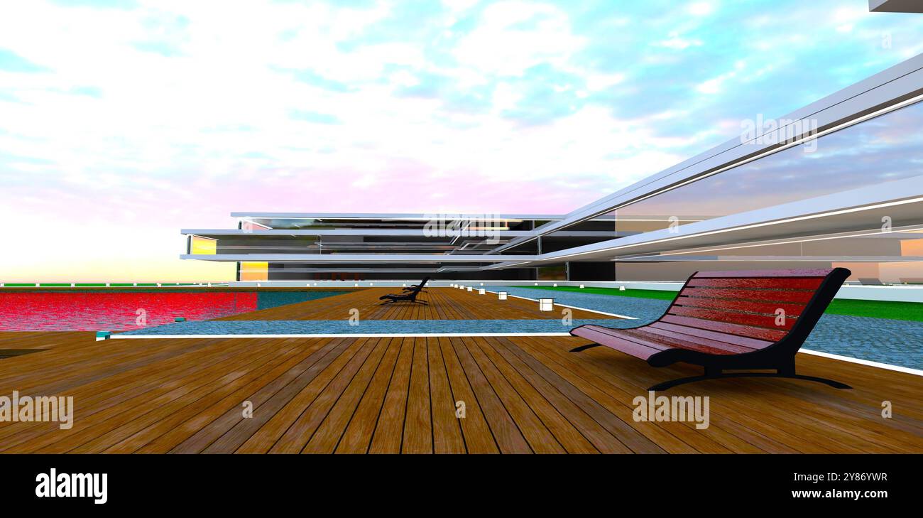 Plank deck and benches in the relaxation area of an advanced hotel ...