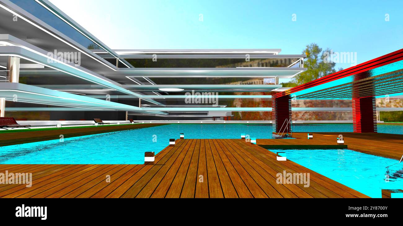 Wooden pier on the territory of a modern recently built residential ...