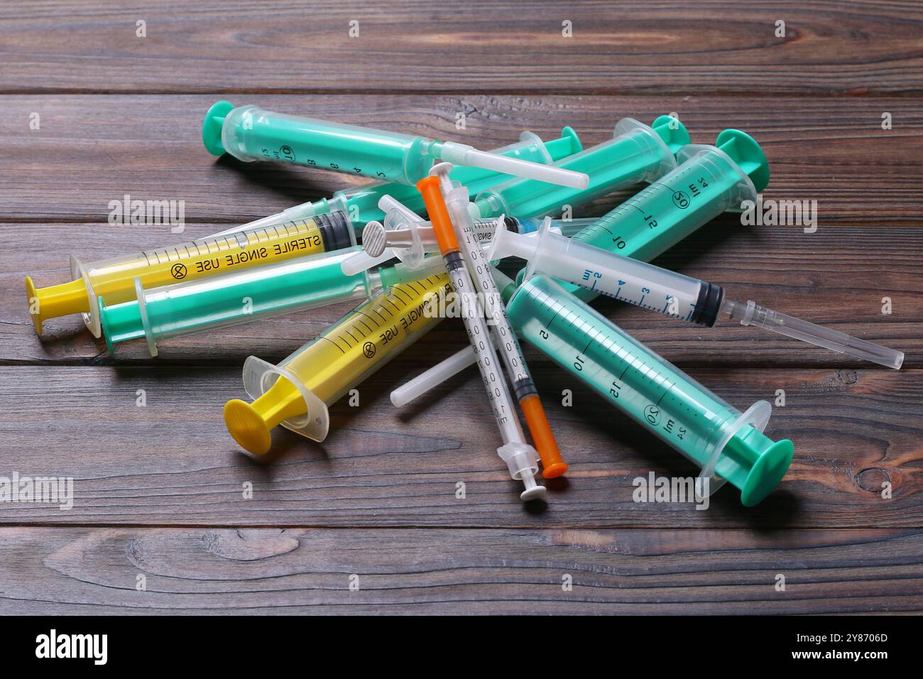 Top view of a pile of syringes and insulin syringes ready for injection ...