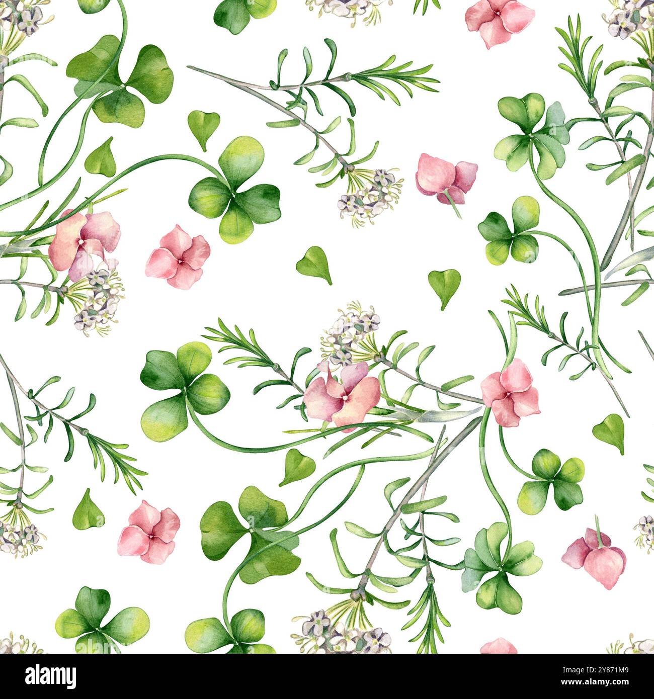Seamless floral pattern with pink flowers, clover and white wildflowers ...