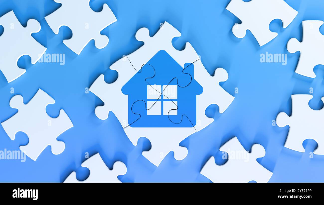 Jigsaw puzzle, home icon blue background Stock Photo - Alamy