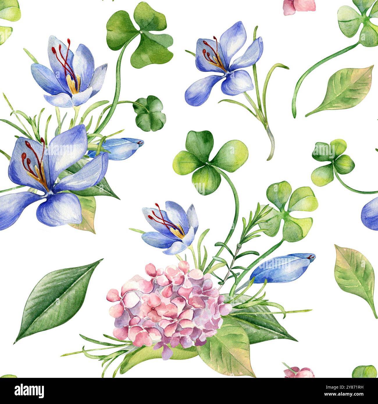 Spring wild flowers watercolor seamless pattern isolated. Clover, pink ...