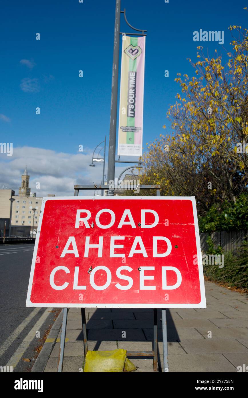Bradford prepares to be UK City of Culture 2025. A road closed sign ...