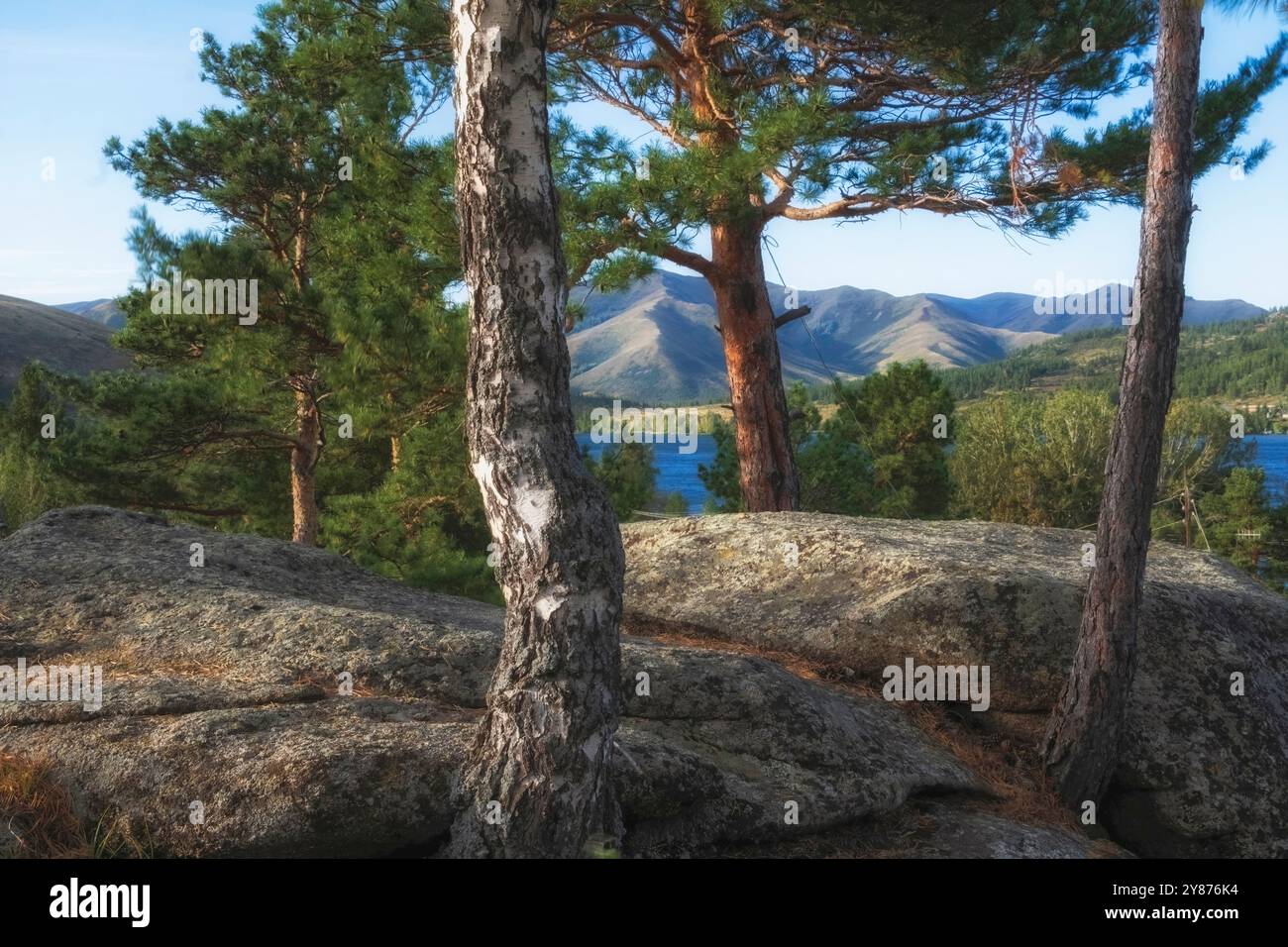 Nature of eastern Kazakhstan, layered rocks near Lake Shybyndykol with ...