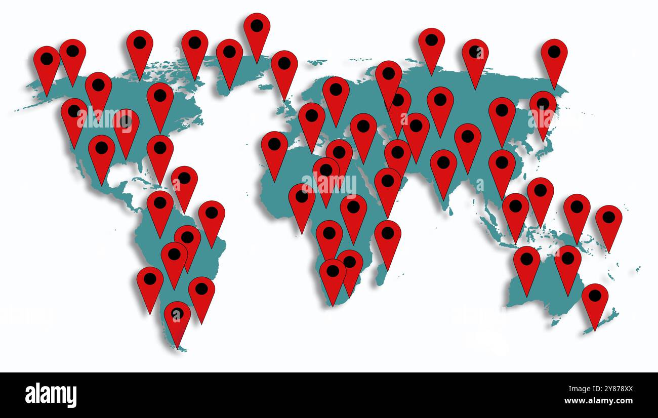 Digital map pins mark spots all over the world to mark travel history ...