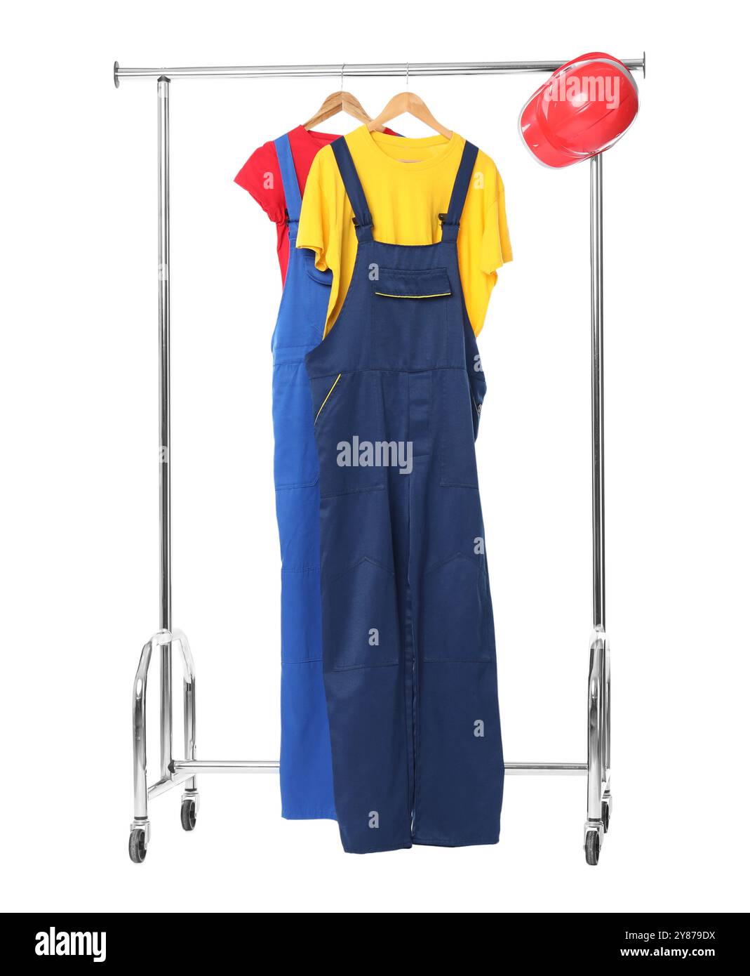 Workers' uniforms on clothing rack isolated on white Stock Photo - Alamy