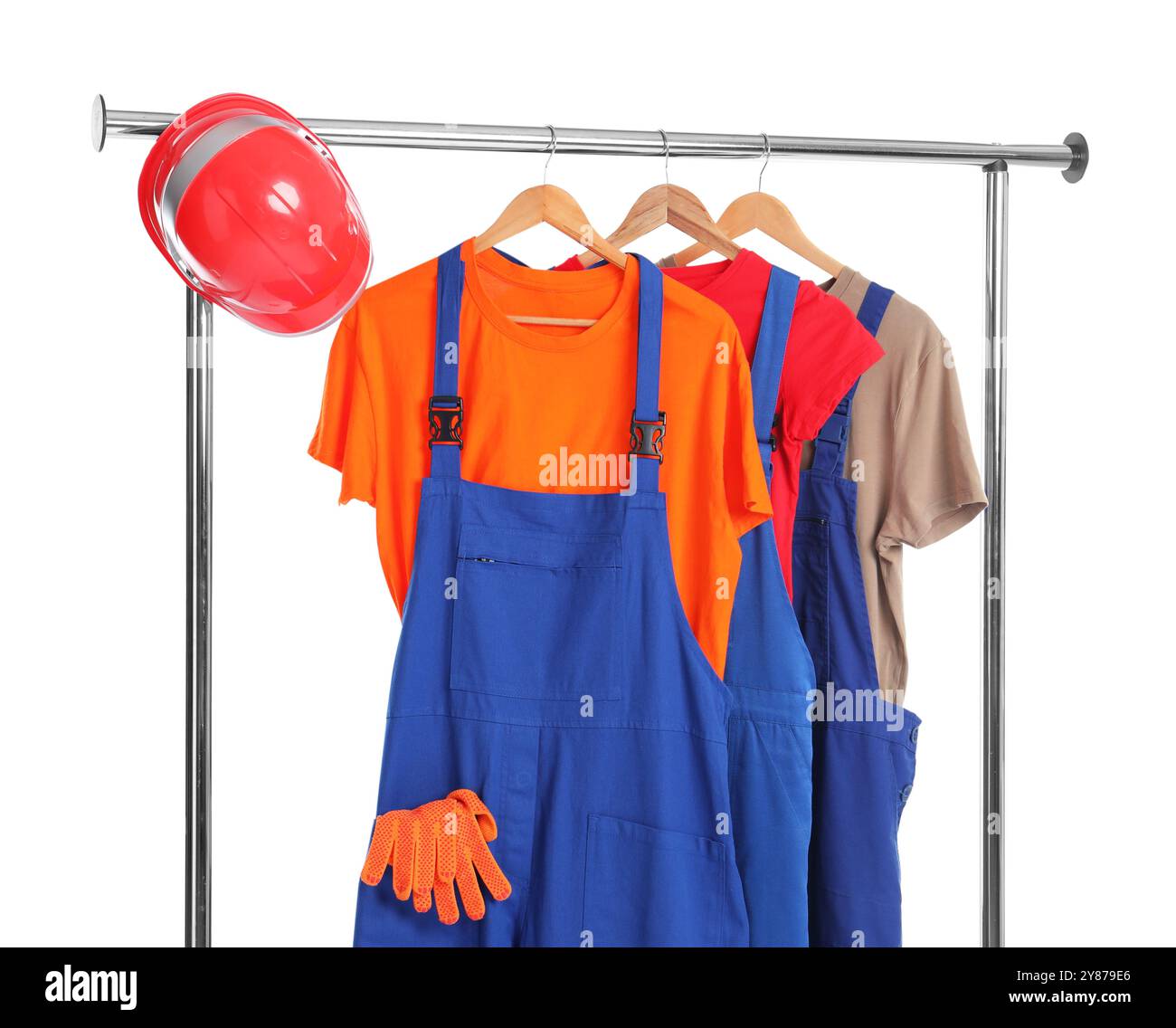 Workers' uniforms on clothing rack isolated on white Stock Photo - Alamy