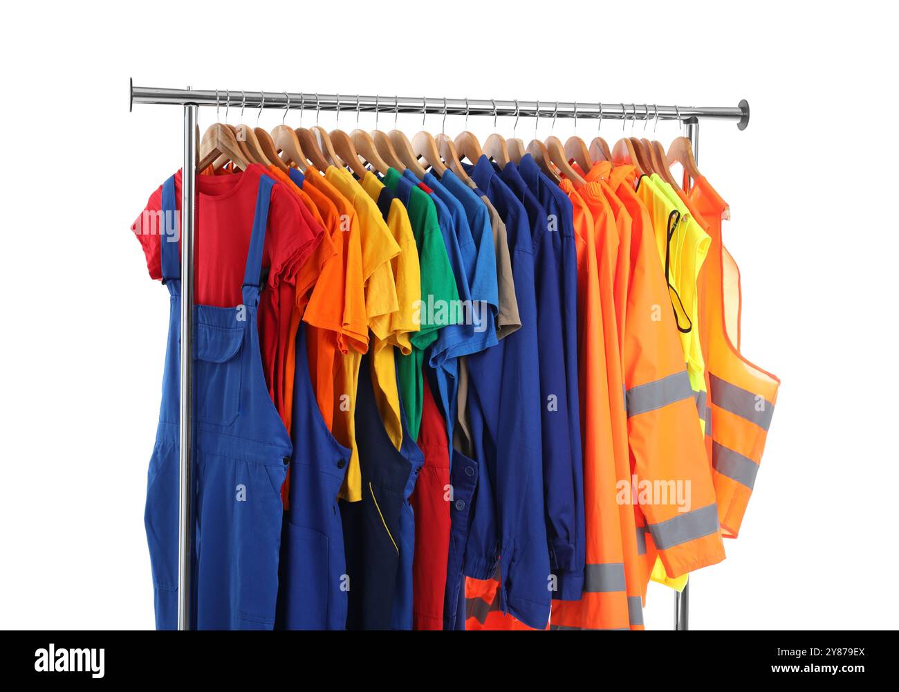 Different workers' uniforms on clothing rack isolated on white Stock ...