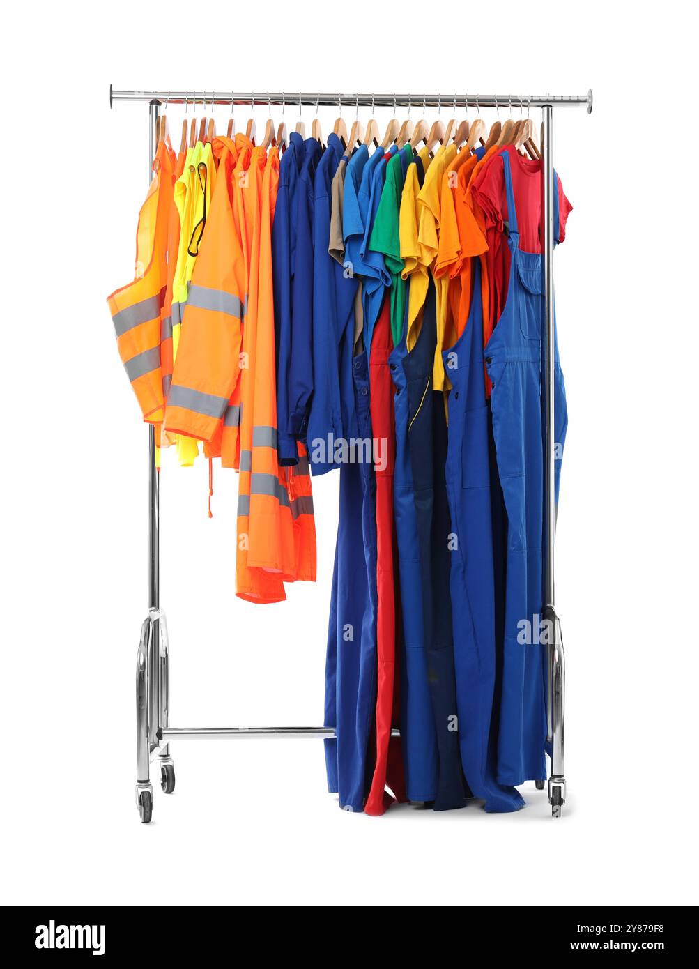 Different workers' uniforms on clothing rack isolated on white Stock ...