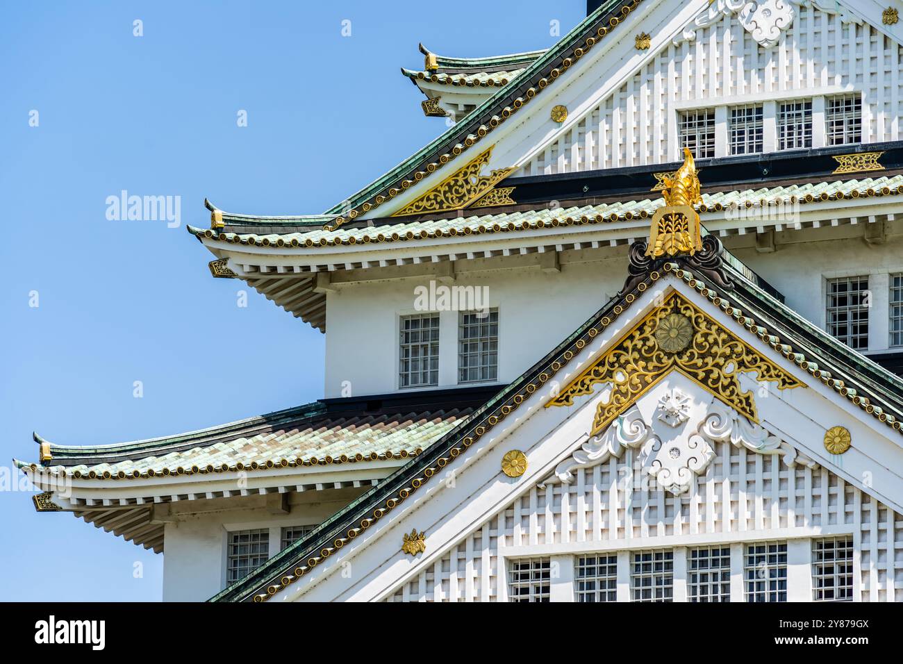 Architectural detail with Osaka Castle, in Japan. Traditional japanese ...