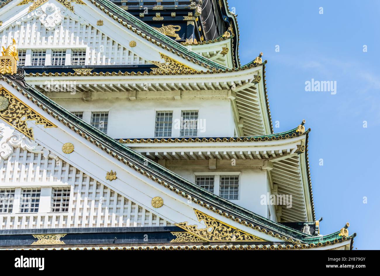 Architectural detail with Osaka Castle, in Japan. Traditional japanese ...