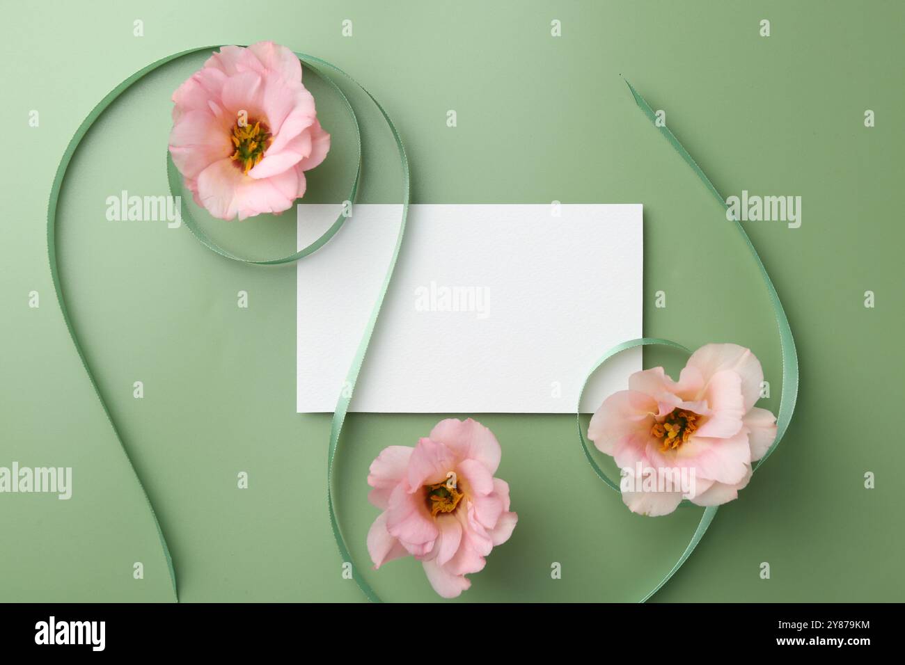 Blank card, ribbons and eustoma flowers on green background, flat lay ...