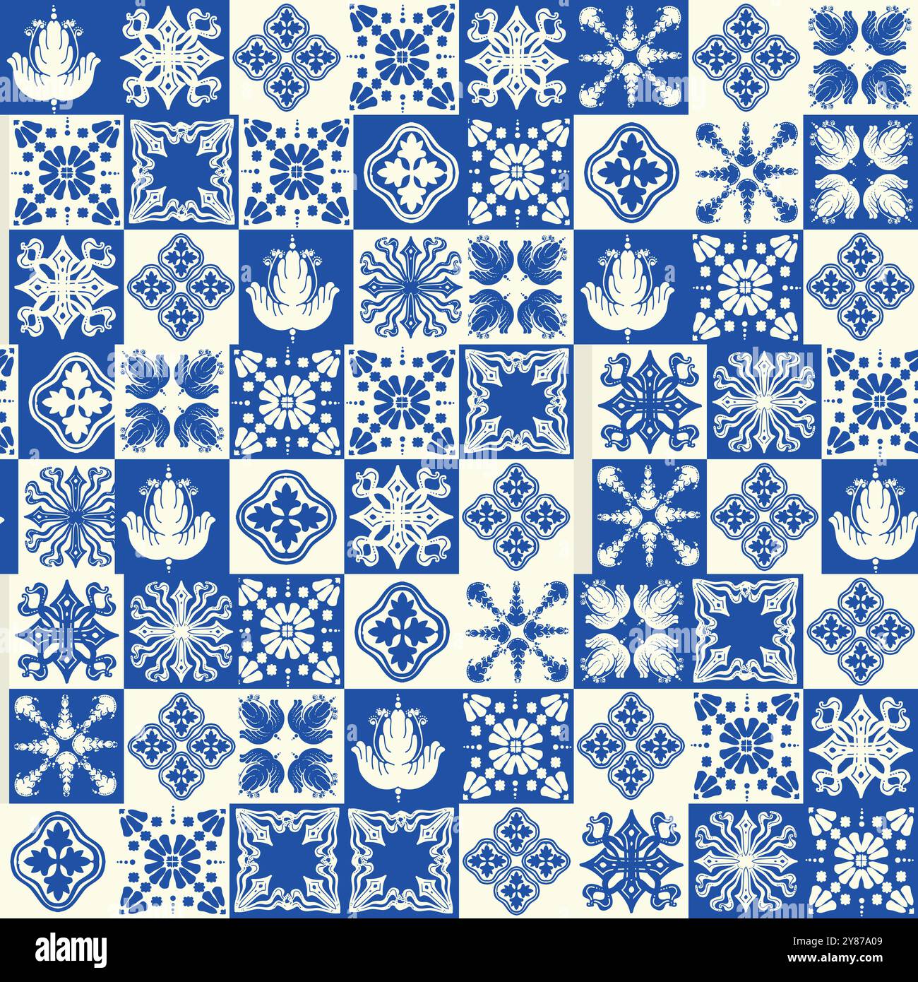 The blue and white seamless pattern displays symmetrical geometric ...