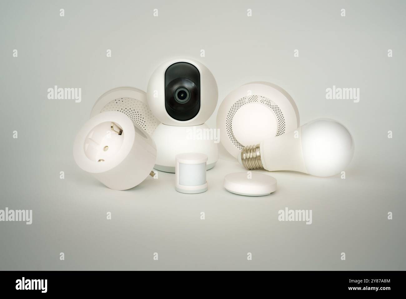 Smart home electronic devices on white background. Home automation ...