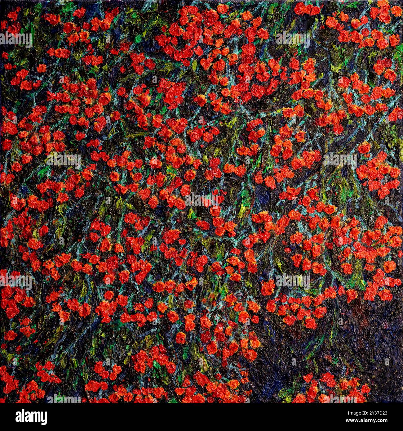 Red berries. oil painting on canvas, brush strokes, texture of paint ...