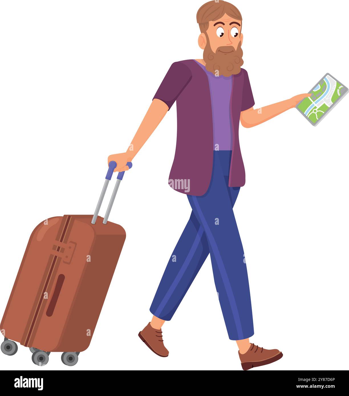 Tourist look on map. Traveling man walking with suitcase Stock Vector ...